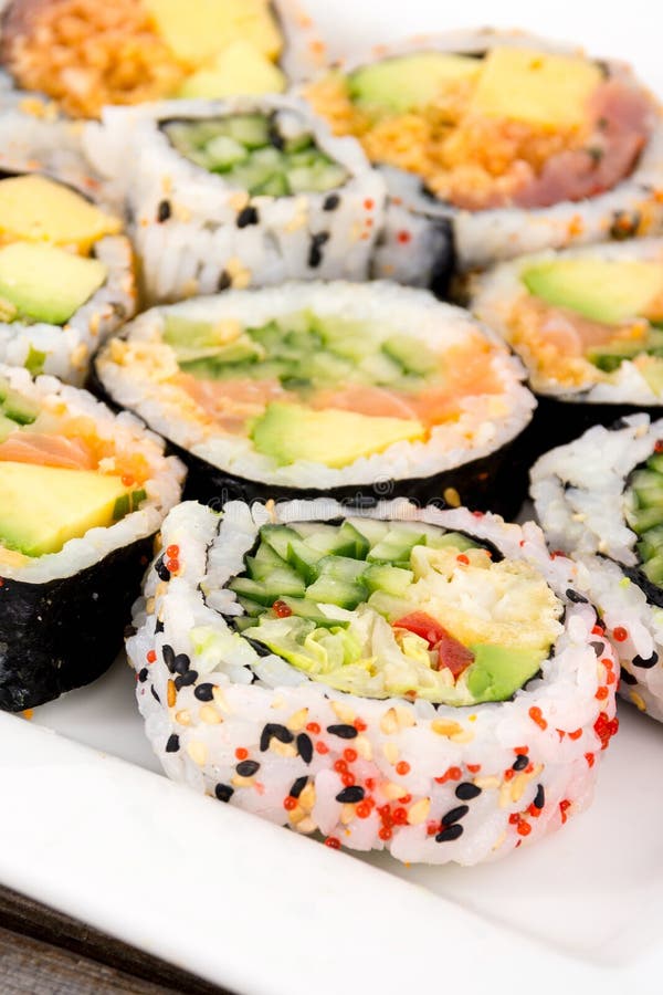 Various sushi plate stock photo. Image of cucumber, shrimp - 80993048