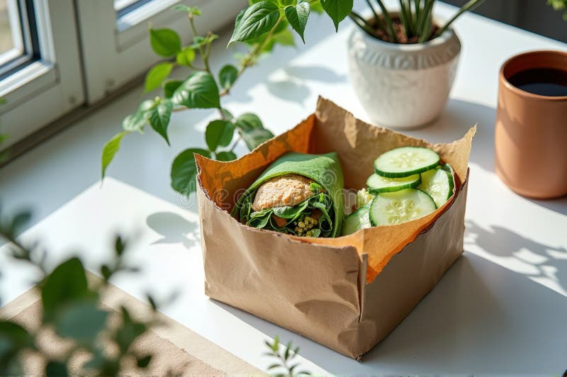 Fresh Vegan Wrap and Cucumber Slices in Eco-friendly Paper Bag on ...