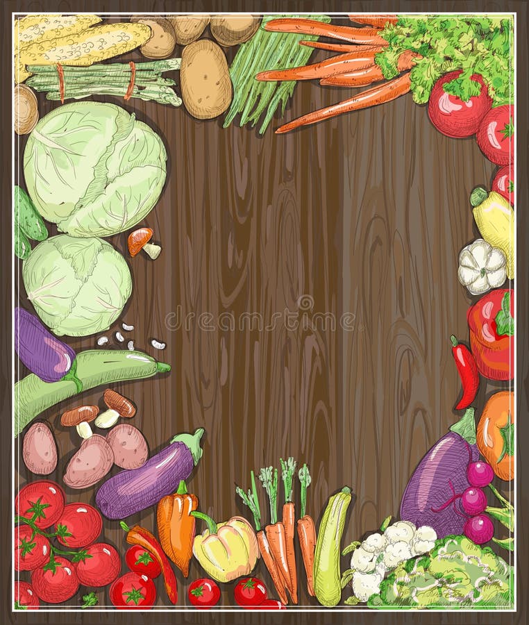 Fresh Vegetable Frame Against Wooden Backdrop. Stock Vector ...