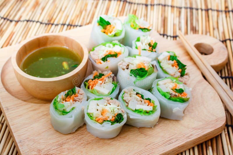 Fresh Vegetable Noodle Spring Roll with Spicy Sauce. Stock Photo ...