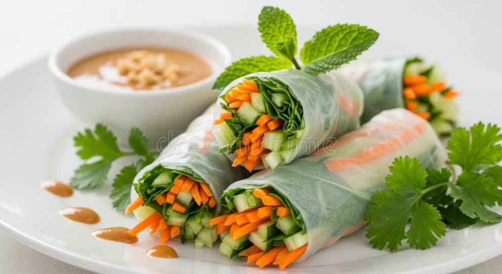 Fresh Vegetable Rice Paper Spring Rolls with Peanut Sauce Stock ...