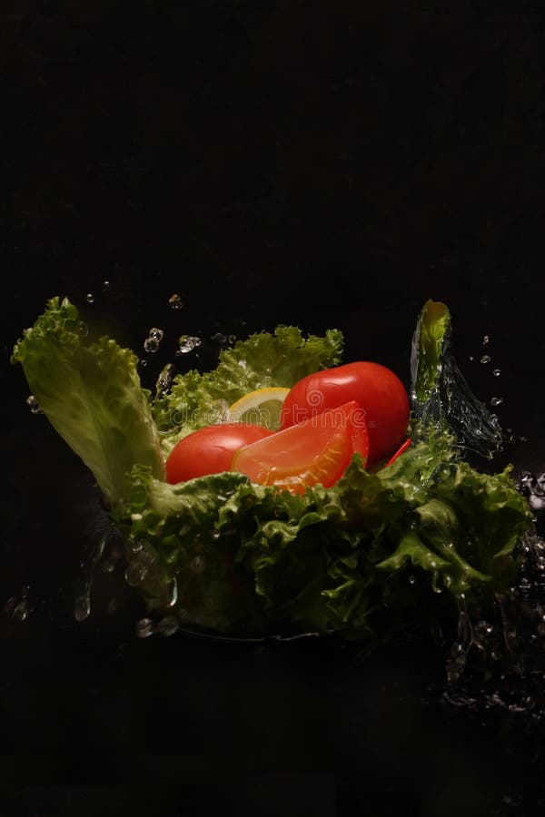 Fresh Vegetable Salad with Water Splash on Black Background Stock Image ...
