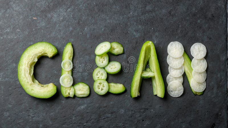 Fresh Vegetable Slices Spell Clean on Textured Slate Stock Illustration ...