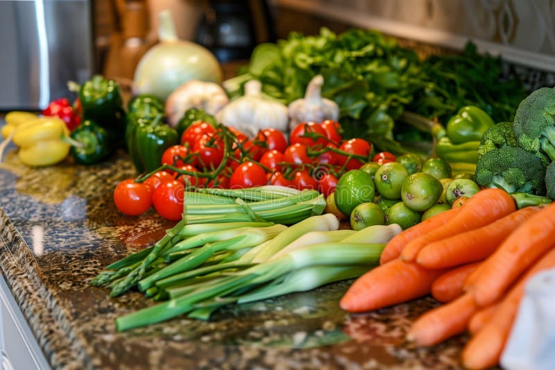 A Fresh Vegetable Spread on a Counter for Meal Prep Stock Photo - Image ...