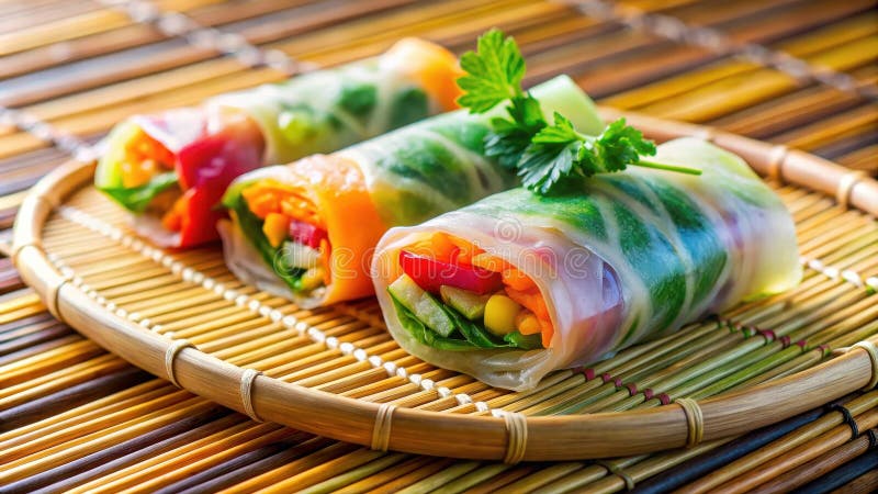Fresh Vegetable Spring Rolls on a Bamboo Tray. Generative AI Stock ...