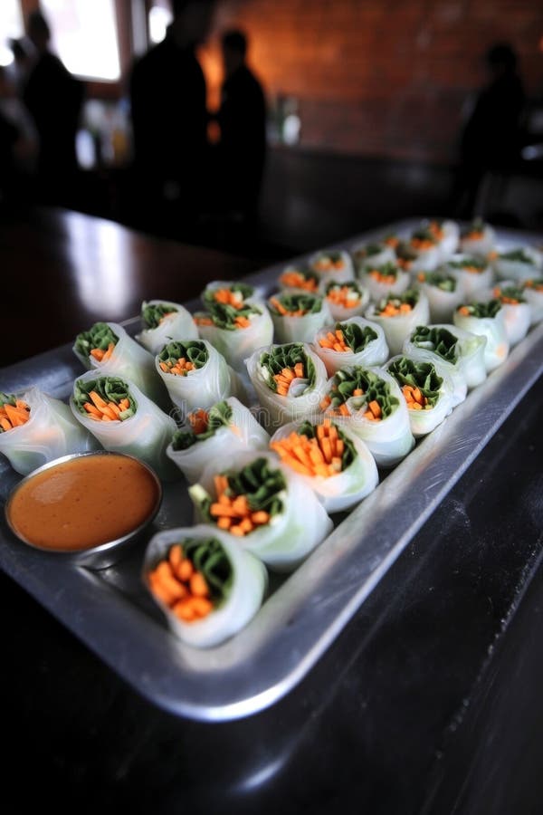 Fresh Vegetable Spring Rolls with Peanut Sauce on Tray in Restaurant ...