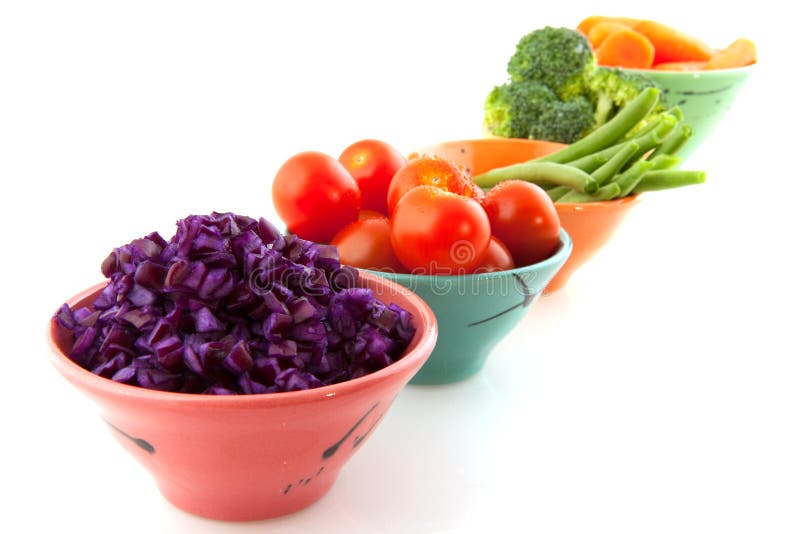 Fresh Vegetables in Colorful Buckets Stock Photo - Image of tomatoes ...