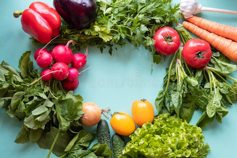 Fresh Vegetables Around on Blue Background. Healthy Concept. Space for ...