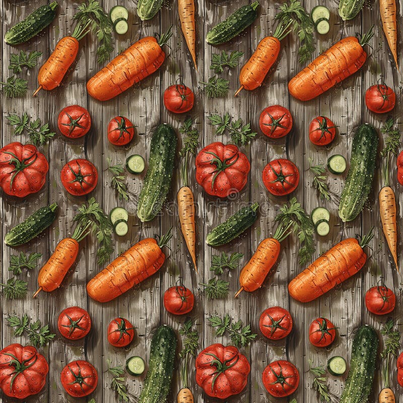 Fresh Vegetables Arranged on Wooden Plank Surface Stock Illustration ...