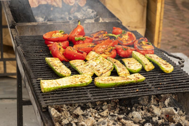 Fresh Vegetables on a Barbecue on an Open Fire Stock Photo - Image of ...