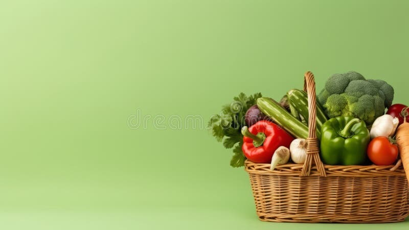 Fresh Vegetables in a Basket on a Green Background. Copy Space Stock ...