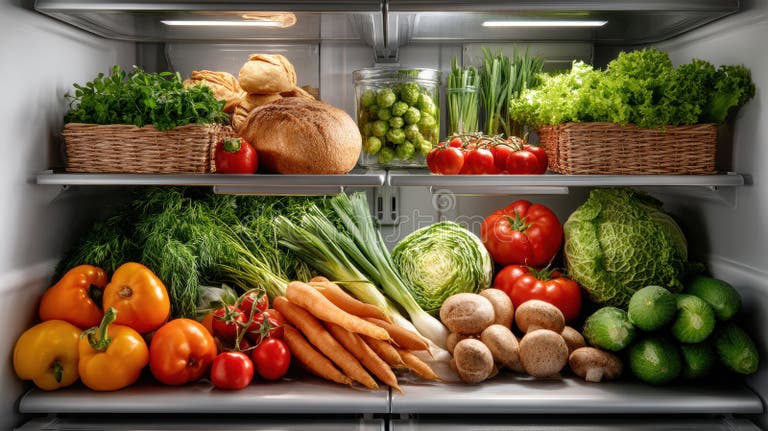 Fresh Vegetables and Bread Arranged Neatly in a Refrigerator Interior ...