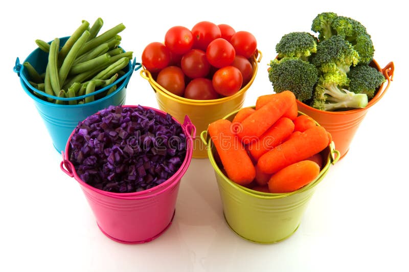 Fresh Vegetables in Colorful Buckets Stock Photo - Image of tomatoes ...