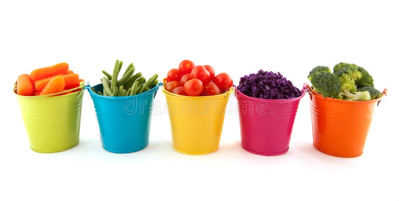 Fresh Vegetables in Colorful Buckets Stock Photo - Image of tomatoes ...