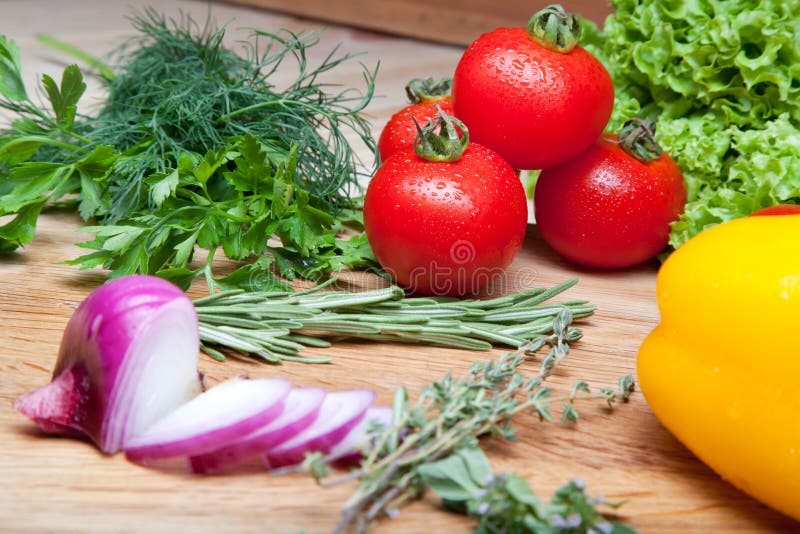 Fresh Vegetables on Cutting Board. Stock Image - Image of drops, mint ...