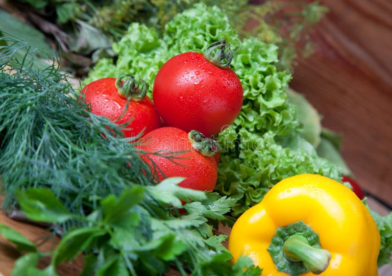 Fresh Vegetables on Cutting Board. Stock Image - Image of leaves, dill ...