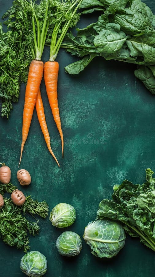 Fresh Vegetables Display: Carrots, Spinach, Cabbage, and Potatoes on ...