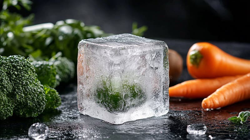 Fresh Vegetables Encased in Ice on a Dark Surface for Culinary ...