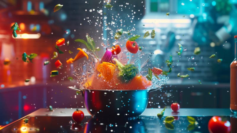Fresh Vegetables Exploding from Pot with Dramatic Water Splash Stock ...