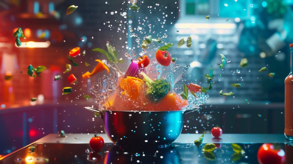 Fresh Vegetables Exploding from Pot with Dramatic Water Splash Stock ...