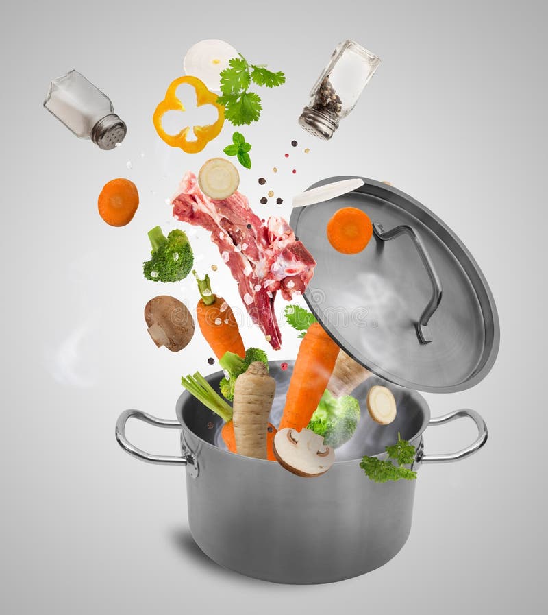 Fresh Vegetables Falling into Stainless Steel Pot. Stock Photo - Image ...