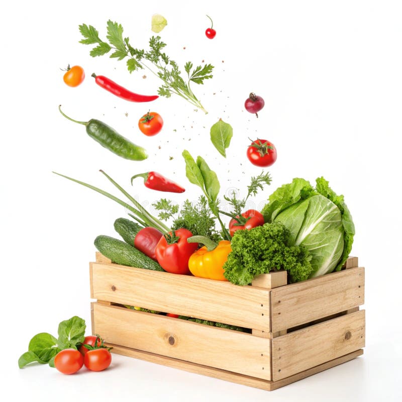 Fresh Vegetables Flying in a Wooden Box Isolated on Transparent ...