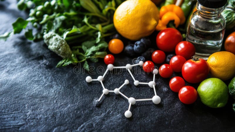 Fresh Vegetables and Fruits Arranged with a Molecular Structure Model ...