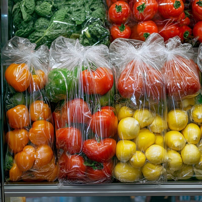 Fresh Vegetables and Fruits Bagged in Plastic at a Market Display Stock ...