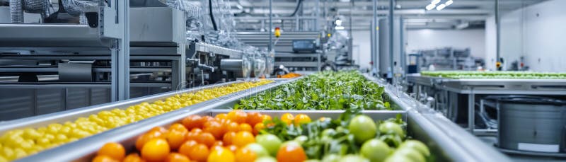 Fresh Vegetables and Fruits Being Processed in a Modern Facility with ...