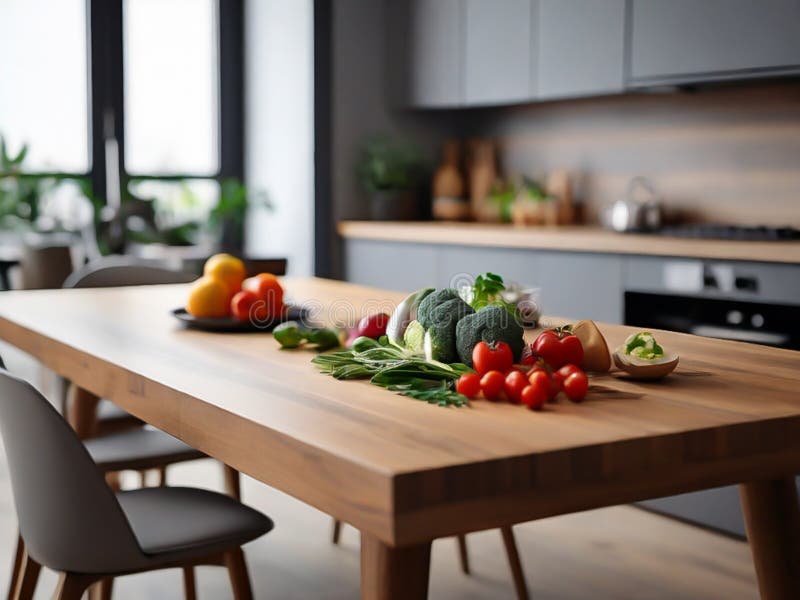 Fresh Vegetables and Fruits on Kitchen Table, Modern Kitchen Interior ...