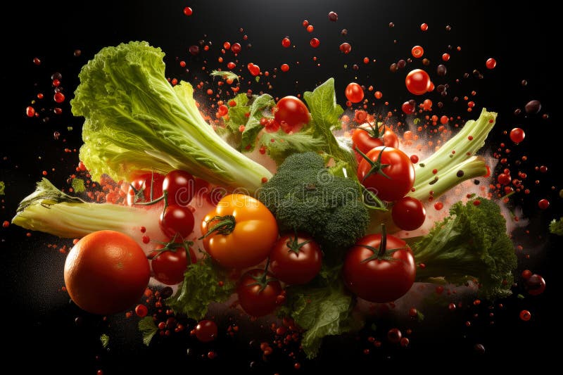 Fresh Vegetables and Fruits with Water Droplets Exploding on Black ...