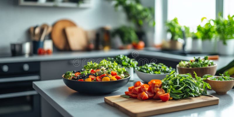 Fresh Vegetables and Herbs in Modern Kitchen Stock Illustration ...