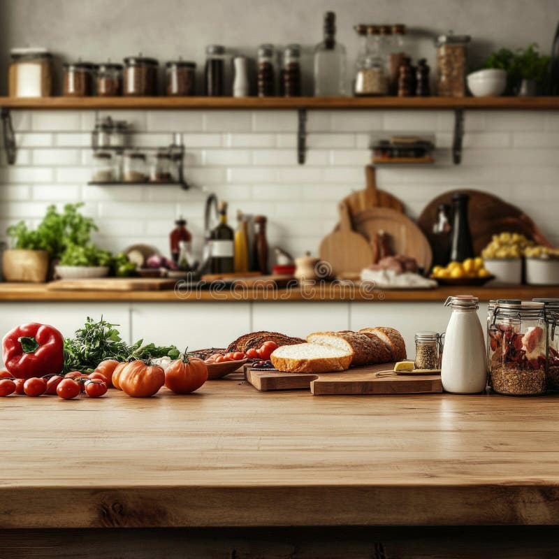 Fresh Vegetables and Ingredients in Rustic Kitchen with Wooden ...