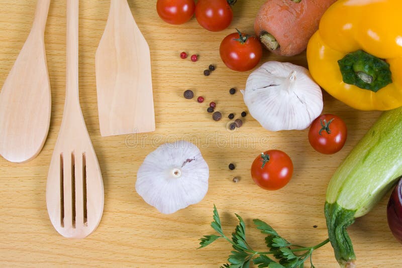 Fresh Vegetables and Kitchen Utensils Stock Photo - Image of tomato ...
