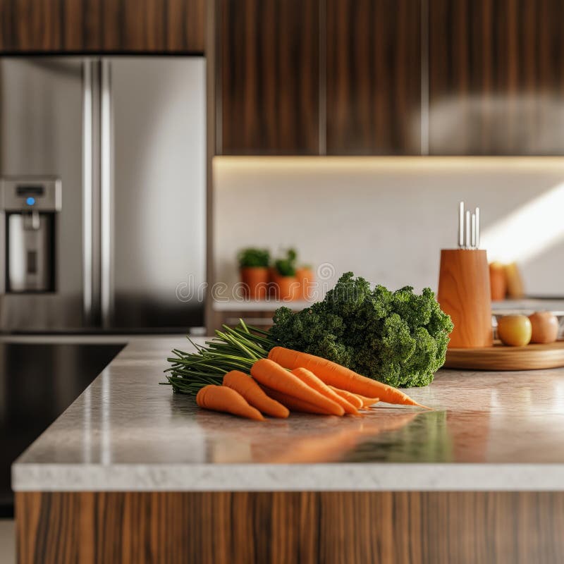 Fresh Vegetables on Marble Countertop in Modern Kitchen Stock Image ...