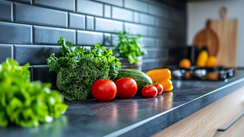 Fresh Vegetables on Modern Kitchen Countertop Stock Illustration ...