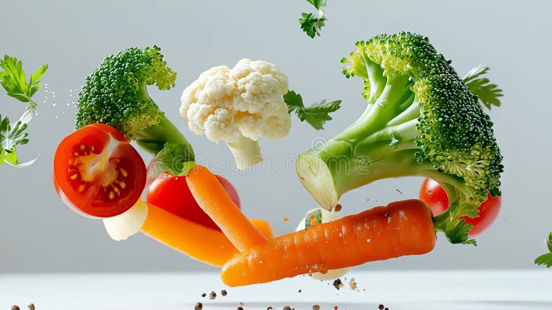 Fresh Vegetables in Motion: Dynamic Display of Broccoli, Carrot, Tomato ...