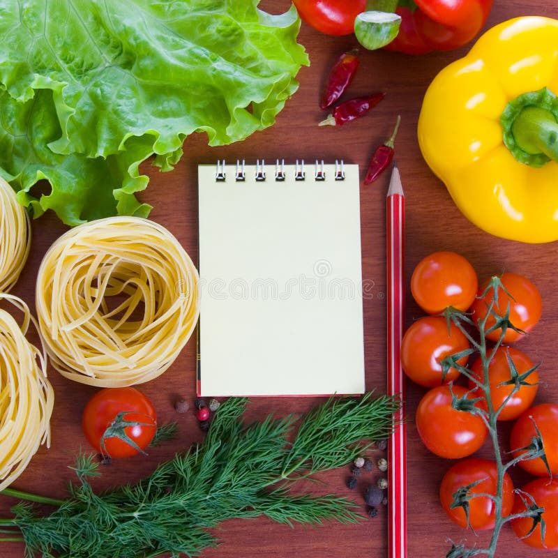 Fresh Vegetables,pasta and a Notebook Stock Image - Image of recipe ...