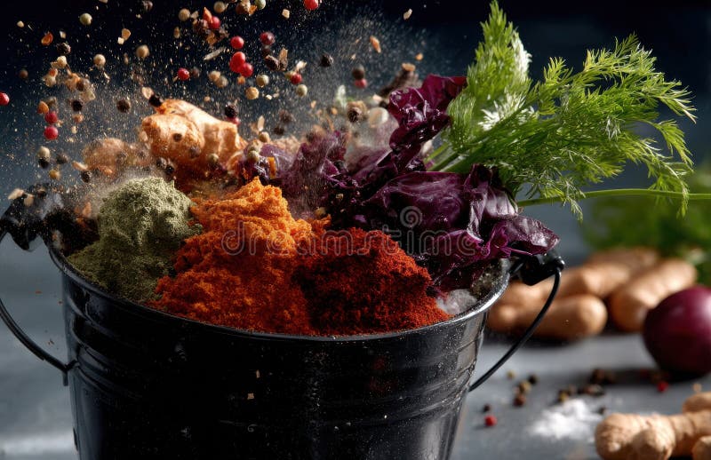Fresh Vegetables and Spices Falling into a Black Bucket Stock Image ...
