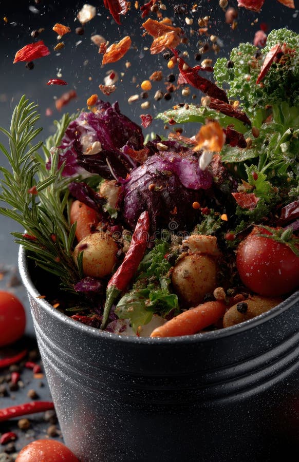 Fresh Vegetables and Spices Falling into a Black Bucket Stock Image ...