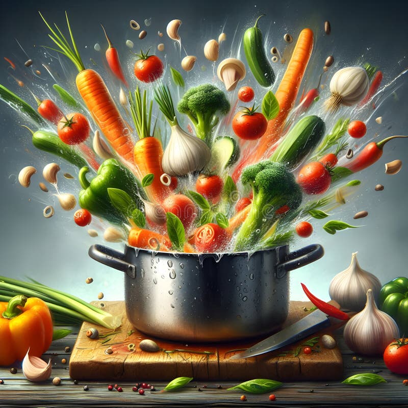 Fresh Vegetables Splashing into a Pot, Creating a Healthy and Vibrant ...