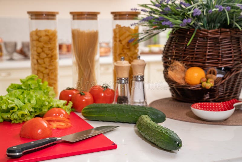 Fresh Vegetables and Utensils for Cooking Classes on White Table Stock ...