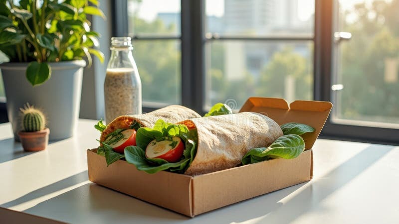 Fresh Vegetarian Wraps in Cardboard Box on Sunlit Table with Plants ...