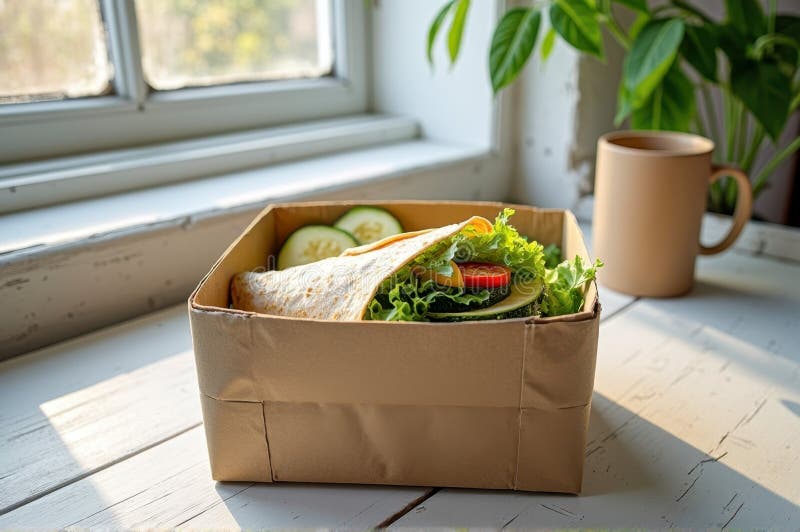 Fresh Veggie Wrap in Eco-friendly Box on Sunlit Kitchen Counter Stock ...
