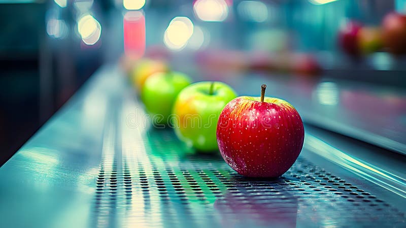 Fresh Vibrant Apples in a Row on Shiny Conveyor Belt Stock Photo ...