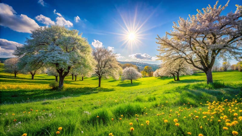 Fresh and Vibrant Meadow with Blue Sky Stock Illustration ...