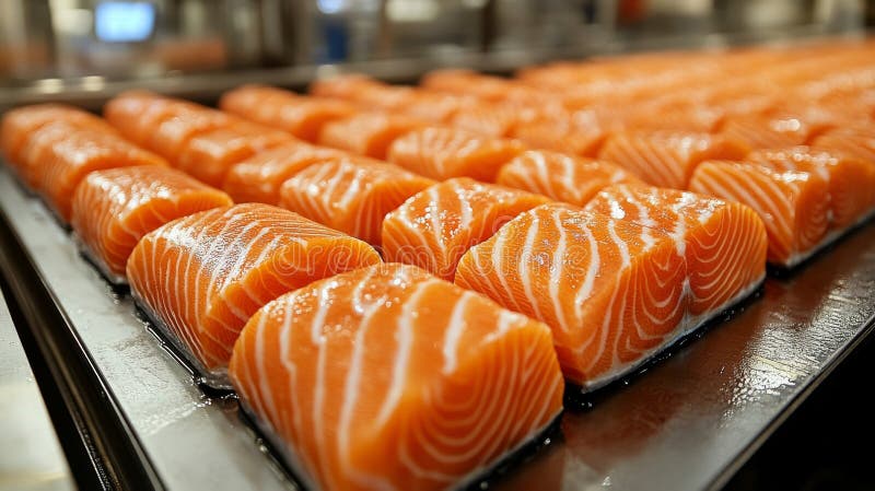 Fresh Vibrant Salmon Fillets on a Modern Production Line Stock ...