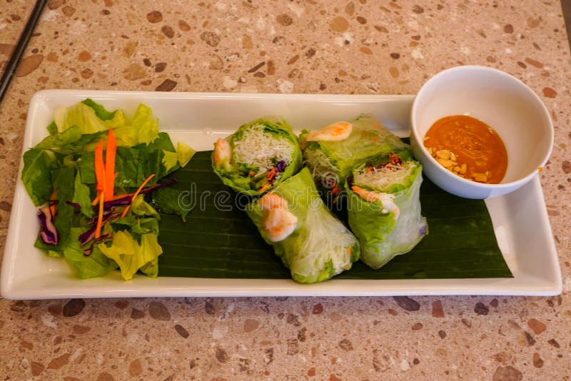 Fresh Vietnamese Spring Rolls With Peanut Butter Sauce For Dipping Stock Image Image Of