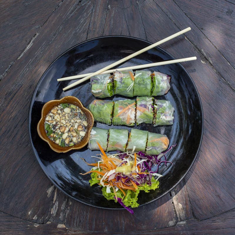 Fresh Vietnamese Spring Rolls on a Plate with Salad Stock Photo - Image ...