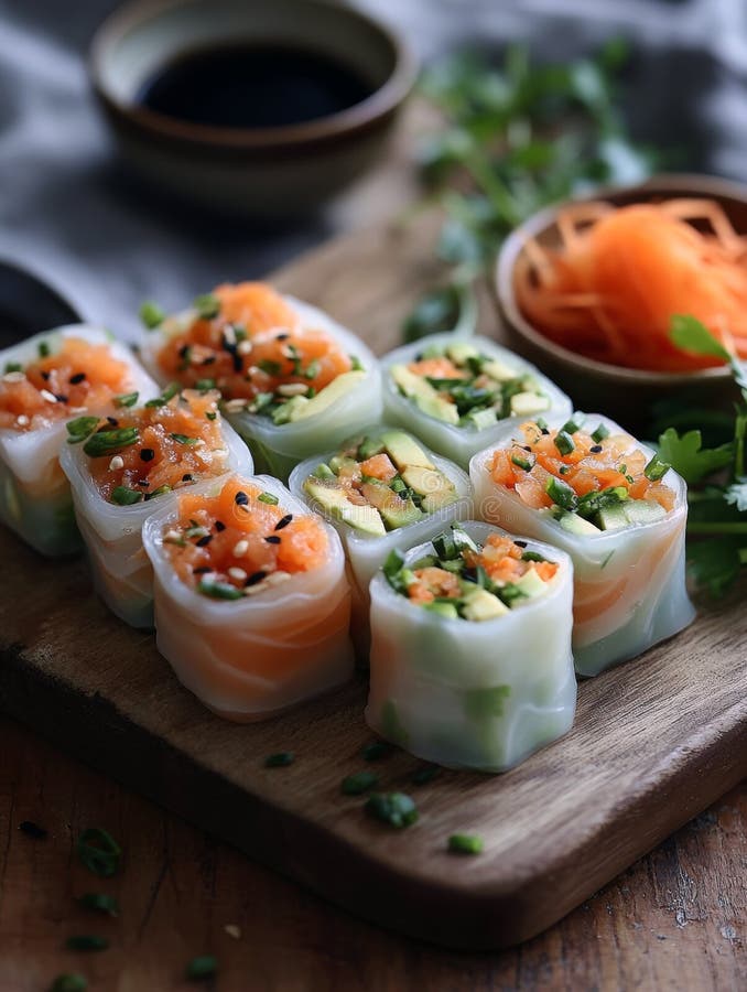 Fresh Vietnamese Spring Rolls Salmon Vegetables Wooden Board Stock ...